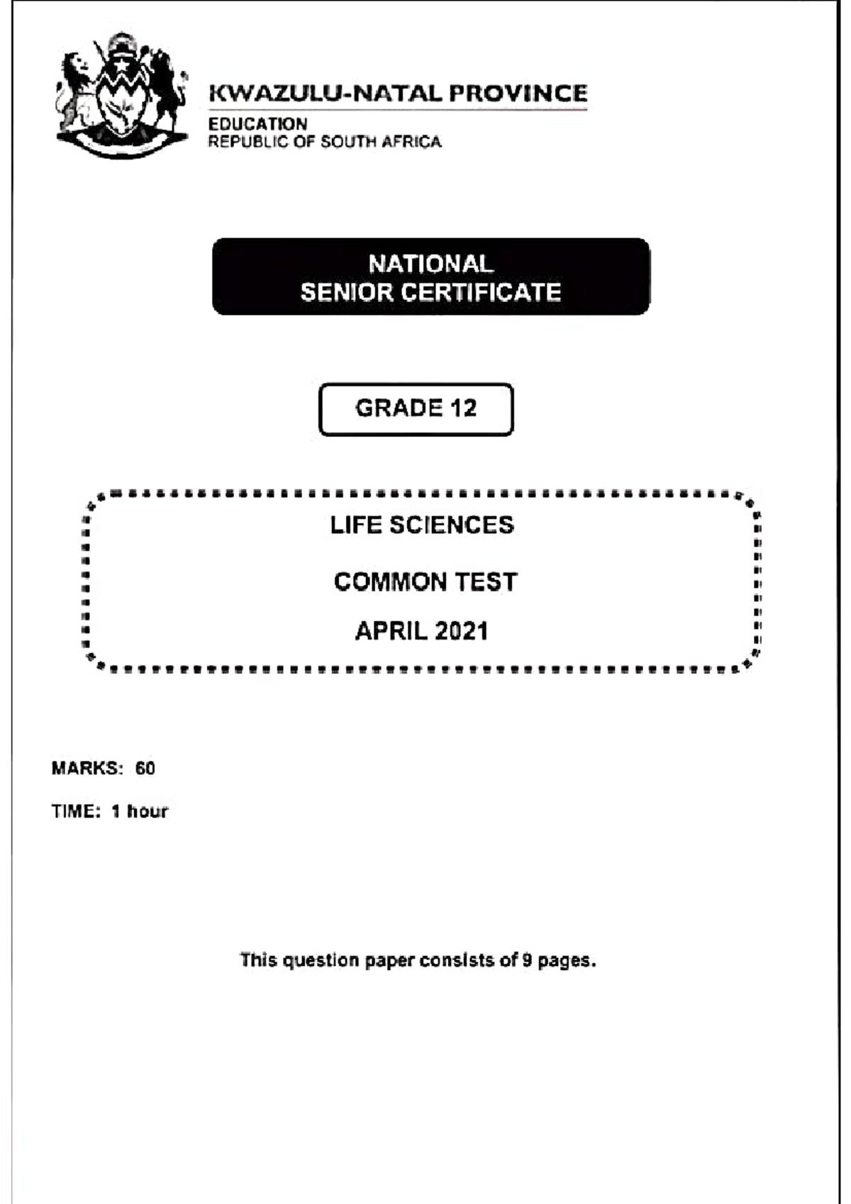Life Sciences Grade 12 Common Test April 2021 - Question Paper - Studocu