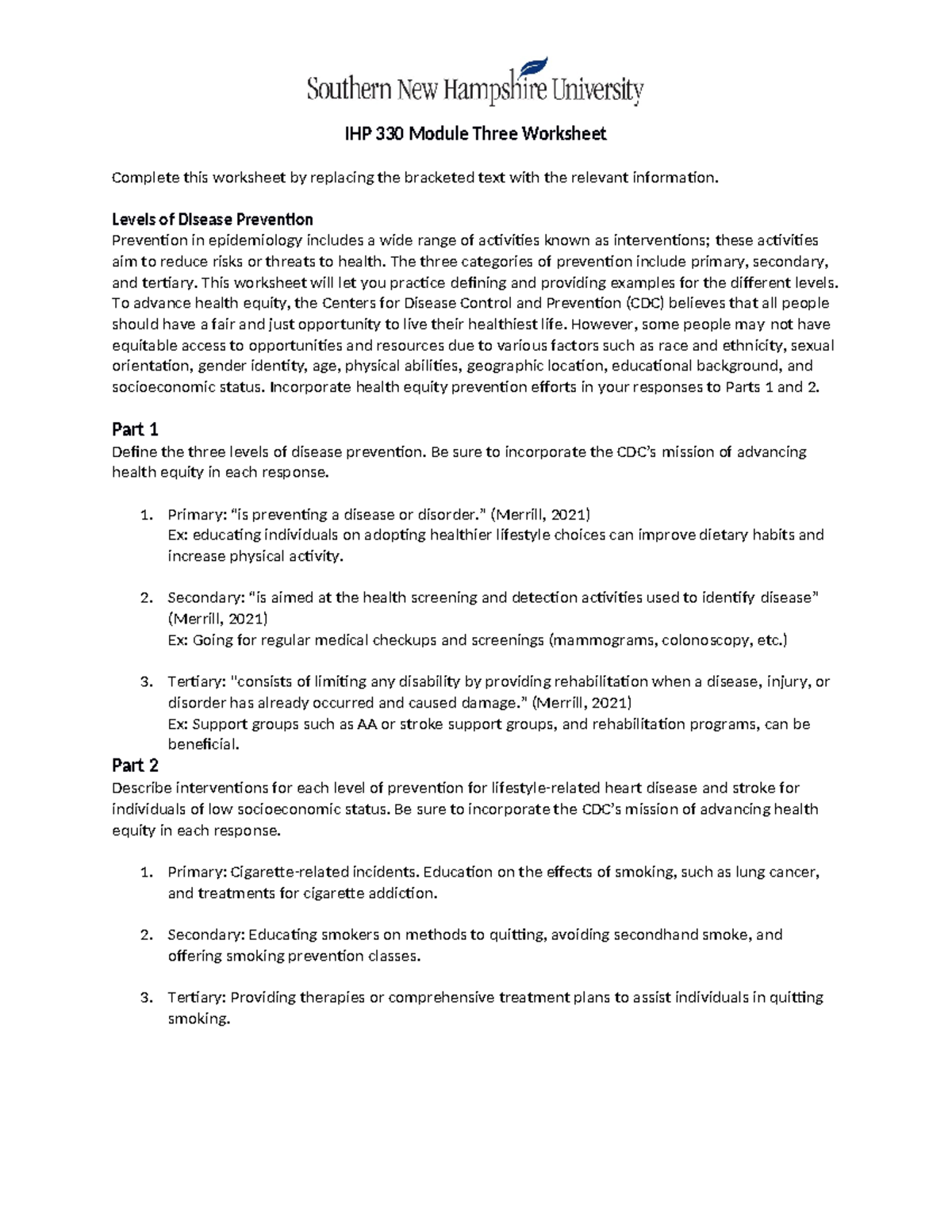 IHP 330 Levels of Disease Prevention Worksheet and Health Equity ...