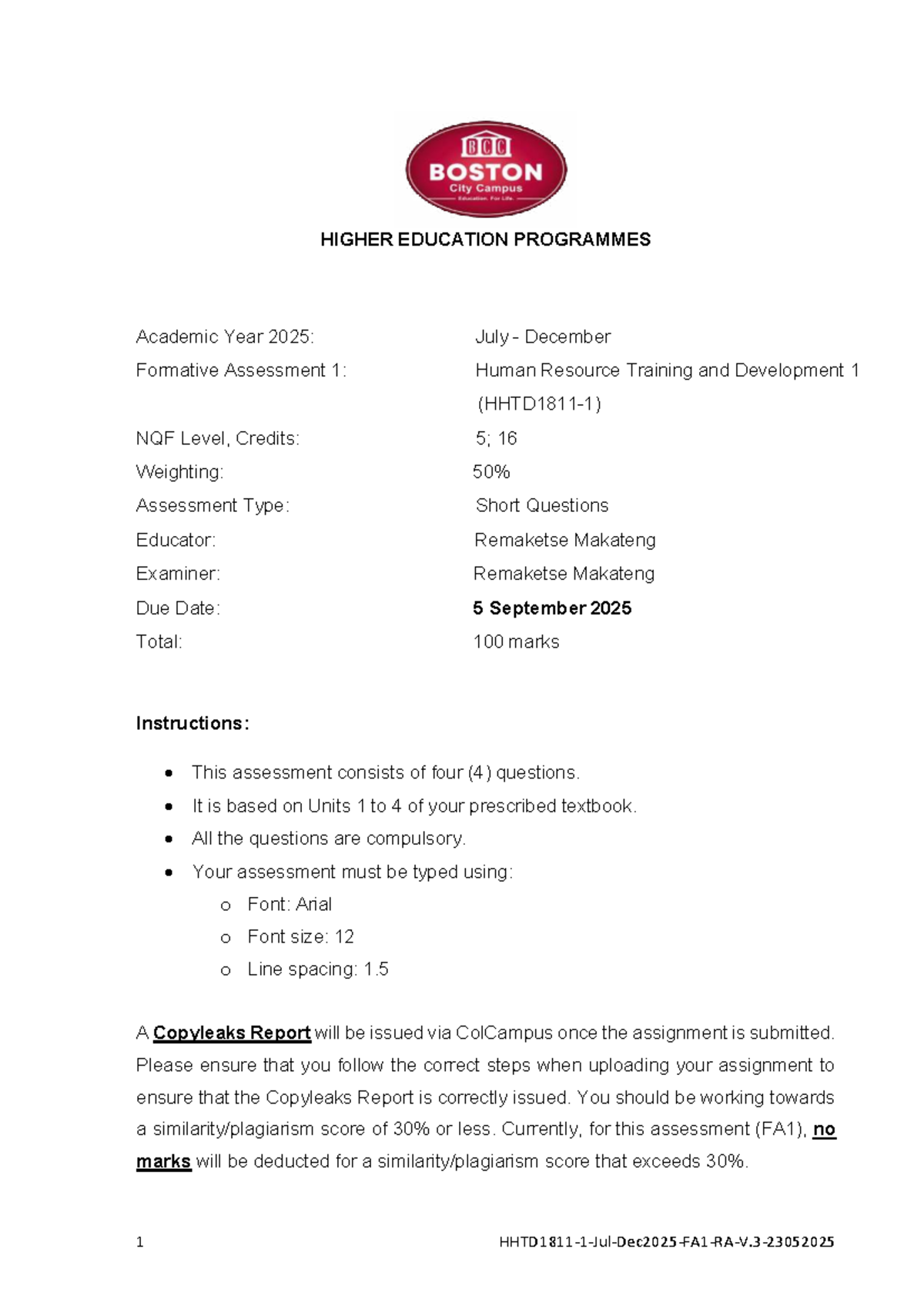 HHTD1181-1: Jul-Dec 2025 Formative Assessment 1 on HR Training ...