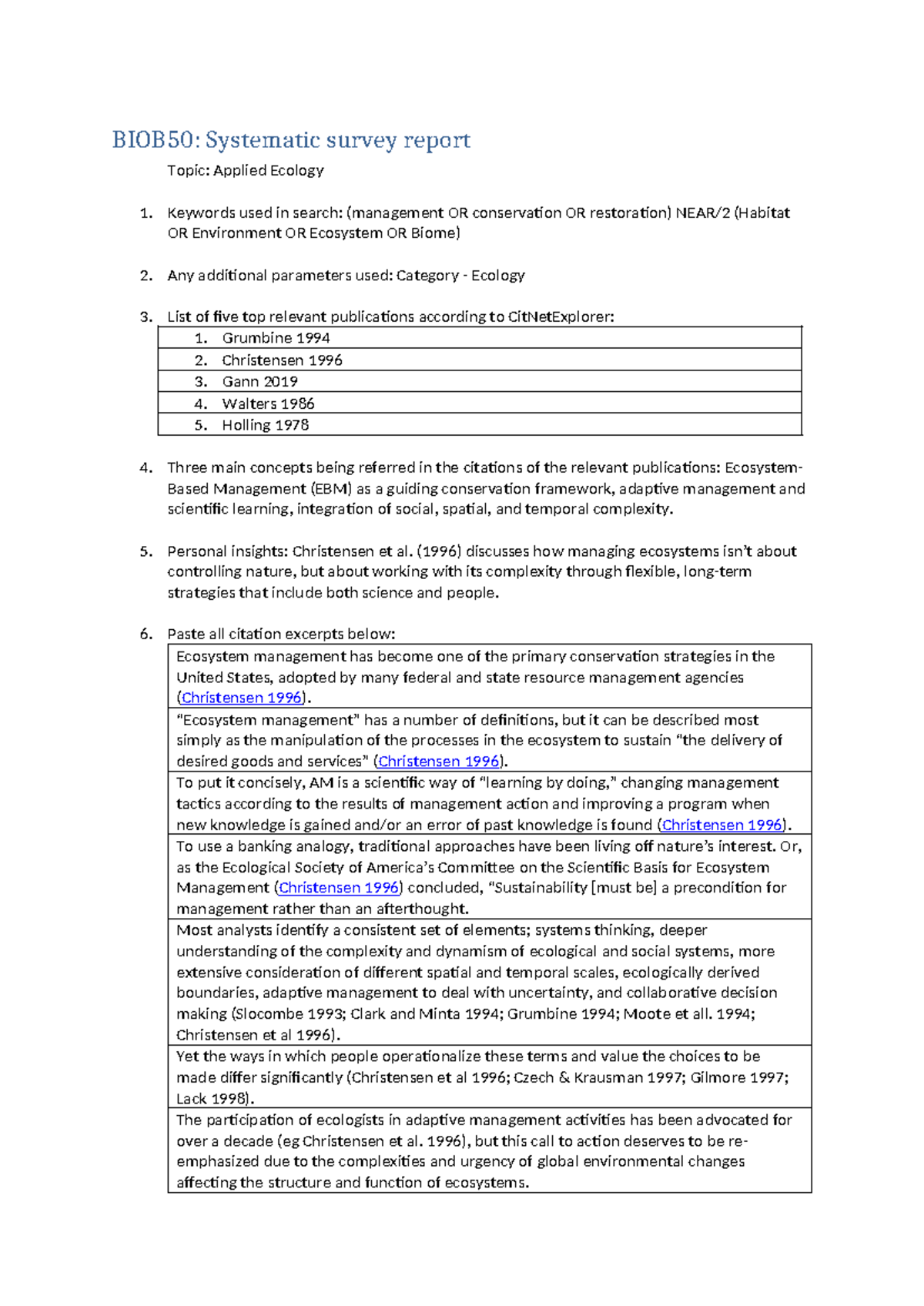 BIOB50: Survey Report on Ecosystem Management Strategies - Studocu