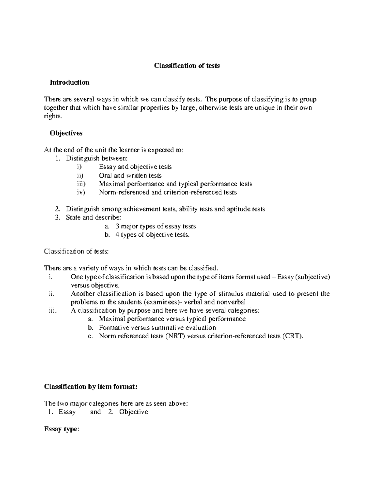 Classification of Tests: Essay vs. Objective Formats Explained - Studocu