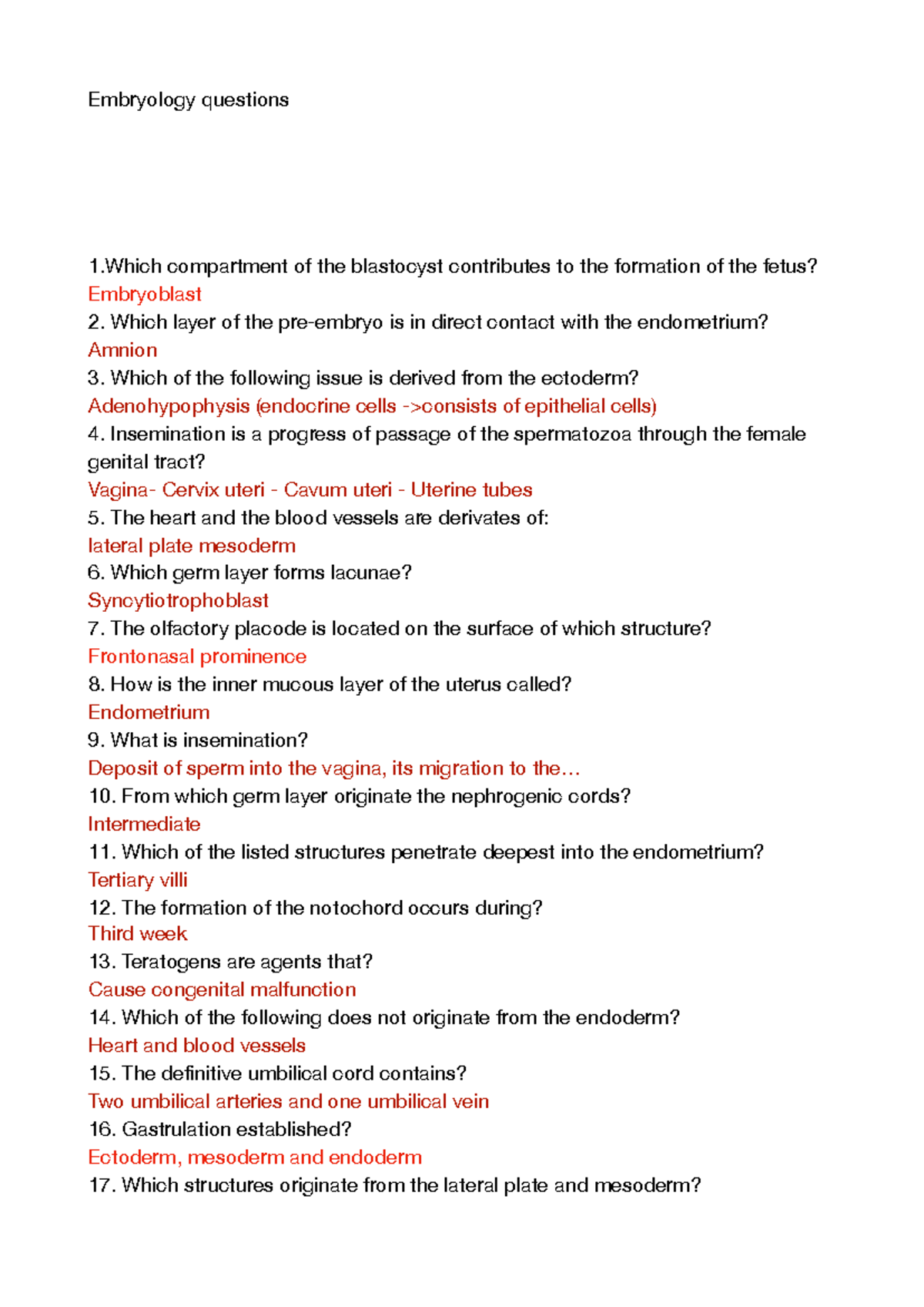Embryology Questions Collection: Key Concepts and Answers - Studocu
