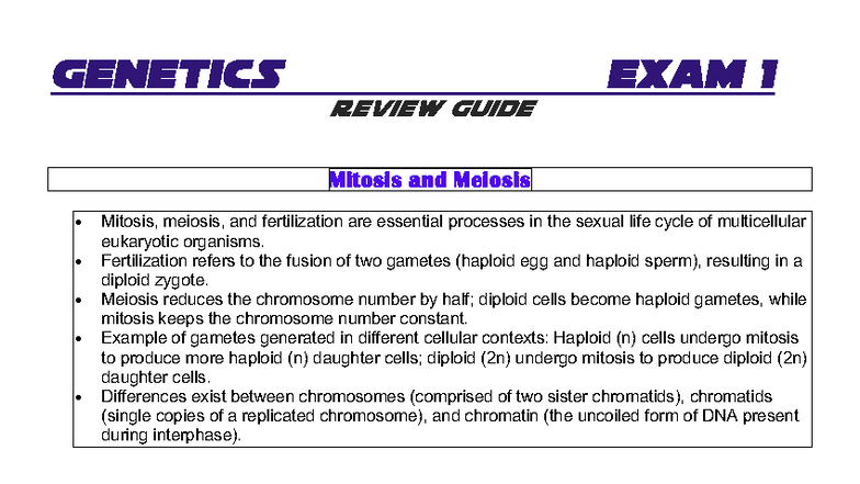 Genetics 101: REVIEW GUIDE for Exam 1 on Mitosis & Meiosis - Studocu
