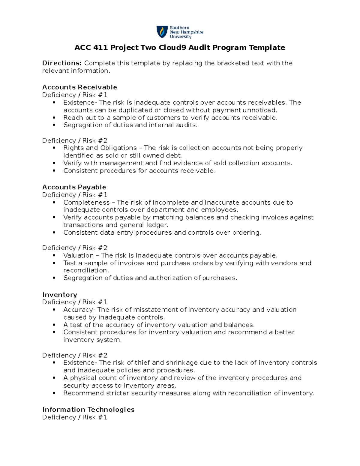 ACC 411 Project Two Cloud 9 Audit Program Risk Assessment Template ...