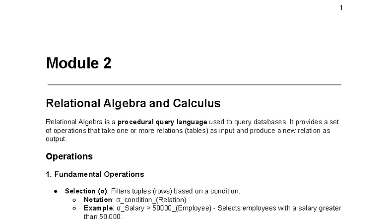 DBMS Module 2: Relational Algebra & Calculus Overview - Studocu