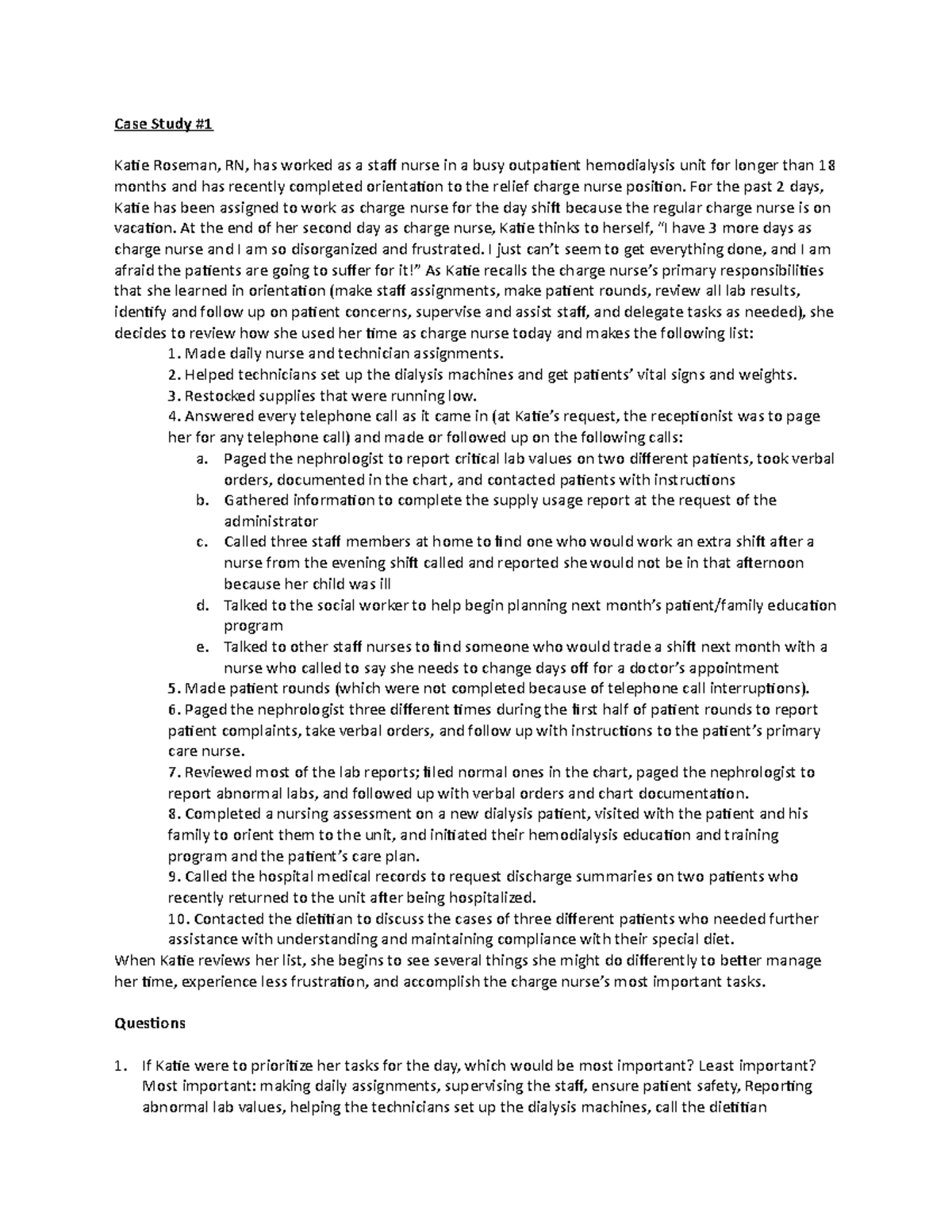 Prioritization Case Studies: Time Management for Nursing- Case Study ...