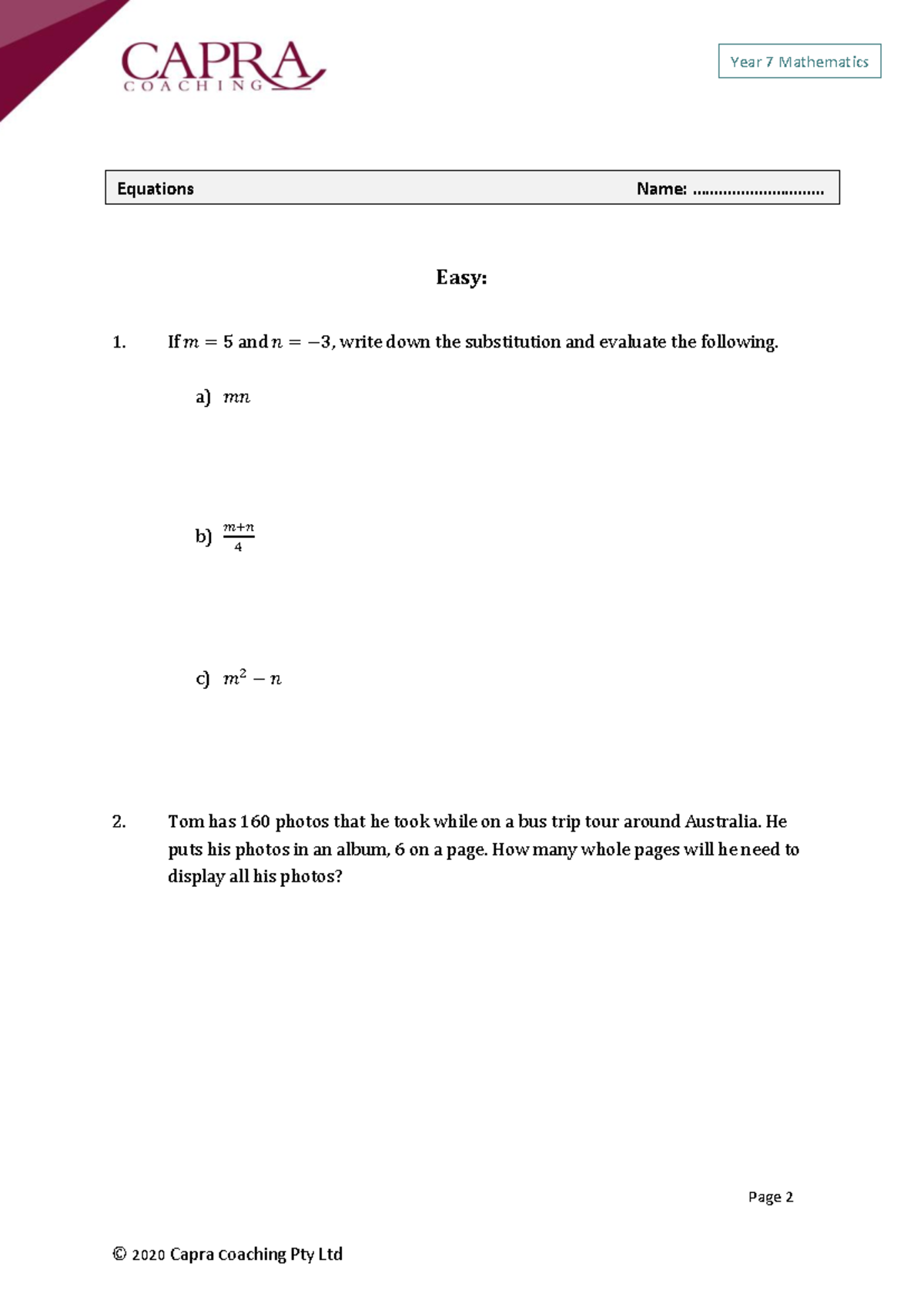 Year 7 Maths Exam Booklet: Equations Practice Questions - Studocu