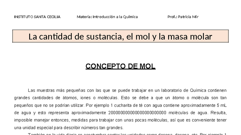 Introducción a la Química: Concepto de Mol y Masa Molar - INSTITUTO SANTA - Studocu