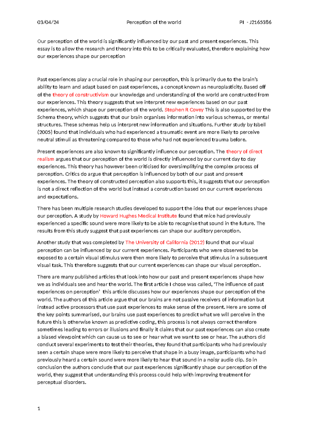 TMA 03 DE200: Impact of Experiences on Perception Analysis - Studocu