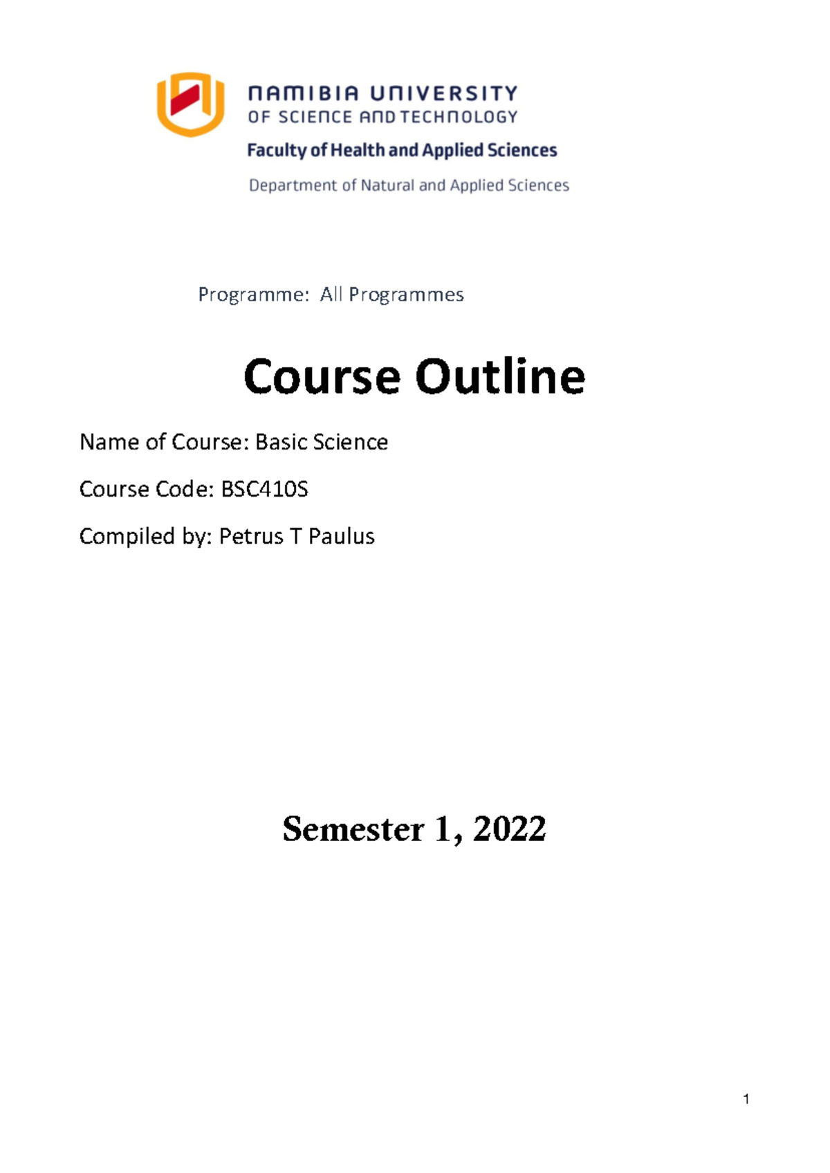 BSC410S 2022 NUST Basic Science Course Outline & Policies - Studocu