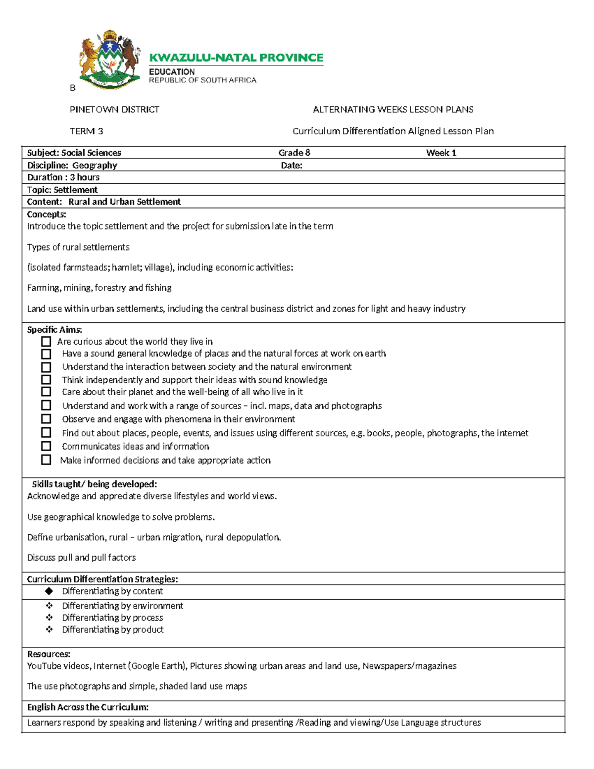 PINETOWN DISTRICT TERM 3 GRADE 8 SOCIAL SCIENCES LESSON PLANS - Studocu