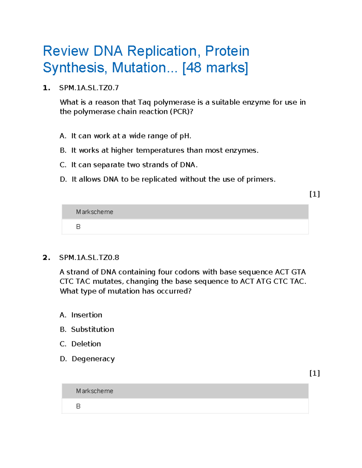 Review of DNA Replication, Protein Synthesis & Mutations - SPM.1A.SL.TZ0.7 - Studocu