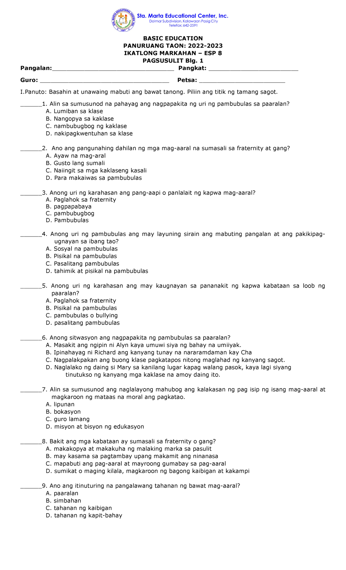 ESP 8 4th Quarter - Pagsusulit Blg. 1 sa Pambubulas - Studocu