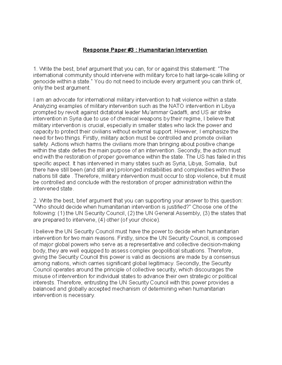 IR Response Paper 3: Arguments for Humanitarian Intervention - Studocu