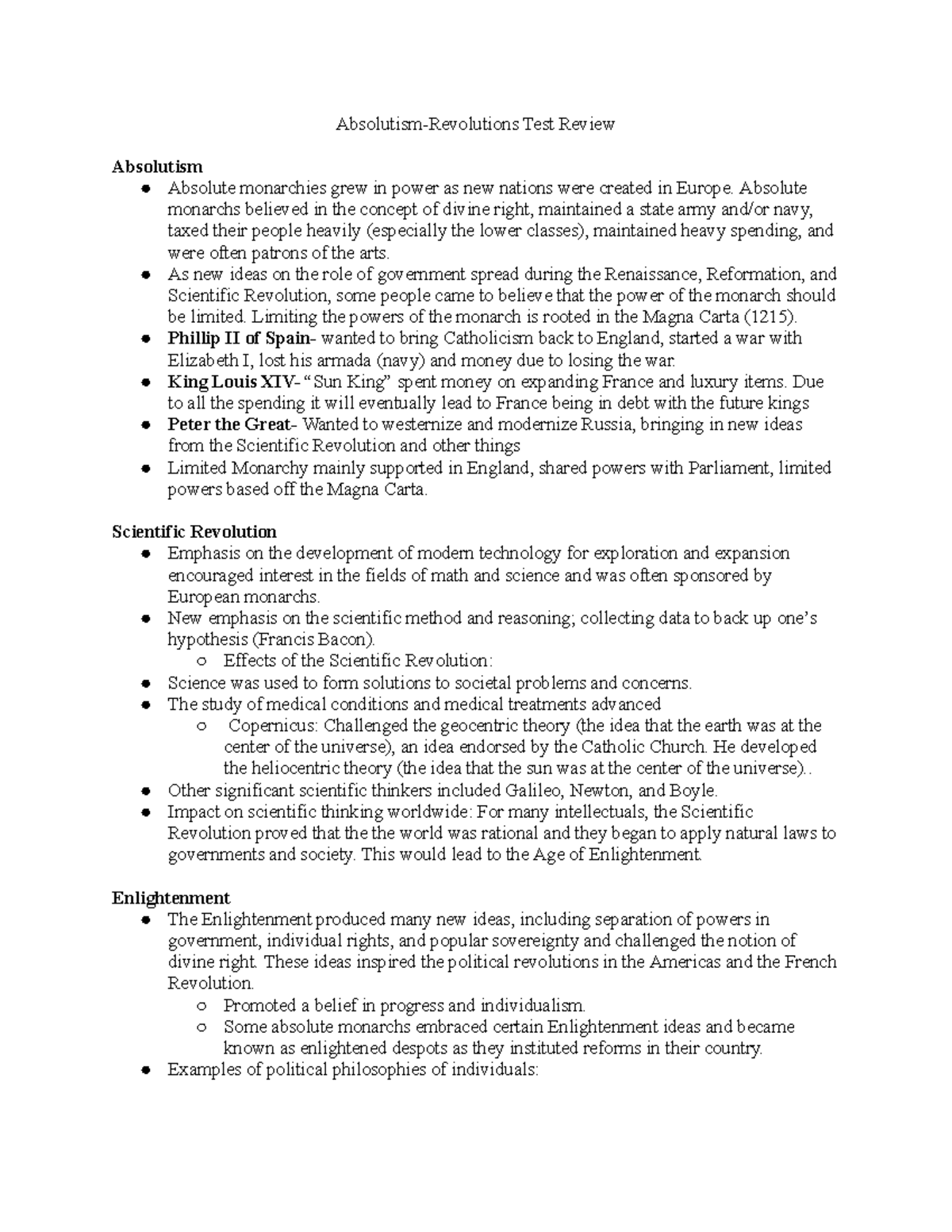 Absolutism and Revolutions Test Review Notes (HIST 101) - Absolutism ...