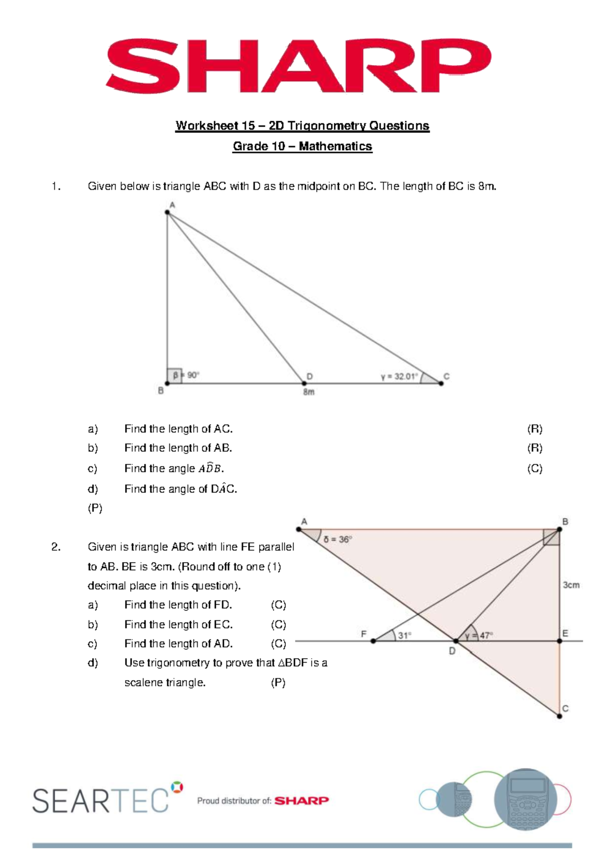 Grade 10 Math Worksheet 15: 2D Trigonometry Problems - Studocu