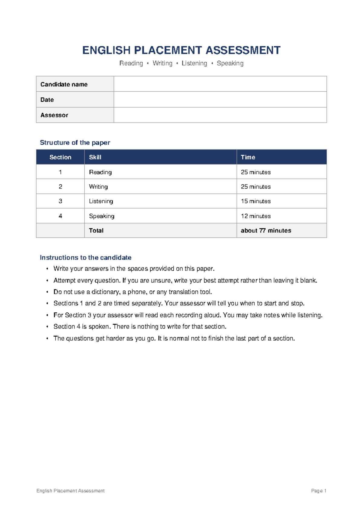 ENGLISH PLACEMENT ASSESSMENT: Question Paper for Reading, Writing ...