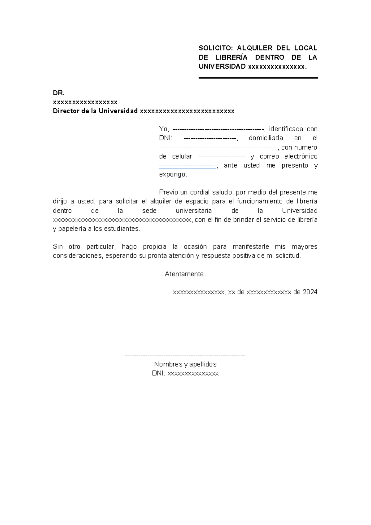Solicitud de Alquiler de Local para Librería Universitaria - Studocu