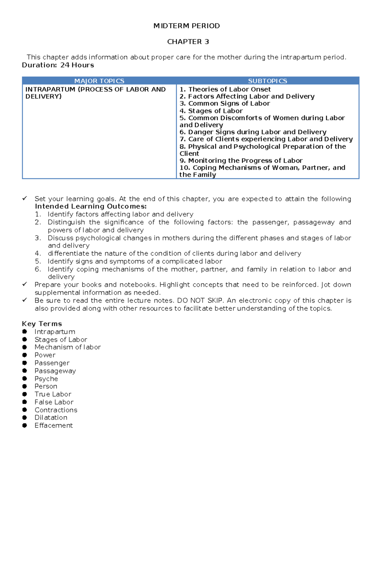107-LEC-Midterm: Intrapartum Care and Labor Stages Overview - Studocu