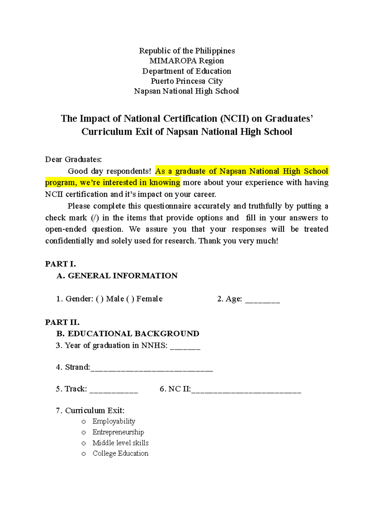 Impact of NCII on Curriculum Exit at Napsan NHS: Research Questionnaire ...