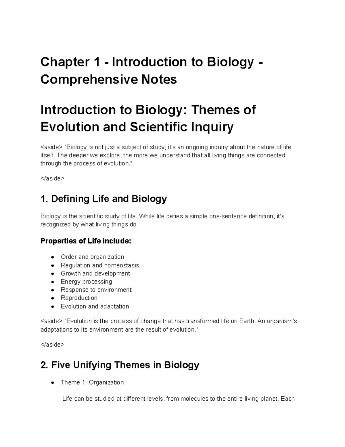 Biology 101: Comprehensive Chapter Notes on Evolution & Inquiry - Studocu