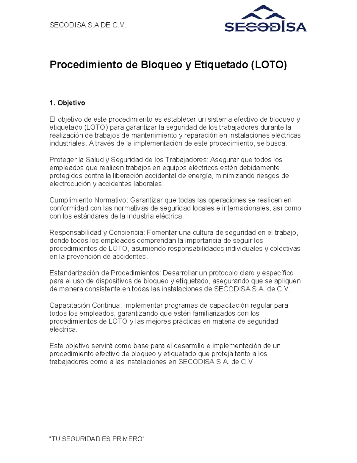Procedimiento de Bloqueo y Etiquetado (LOTO) en SECODISA S. de C. - Studocu
