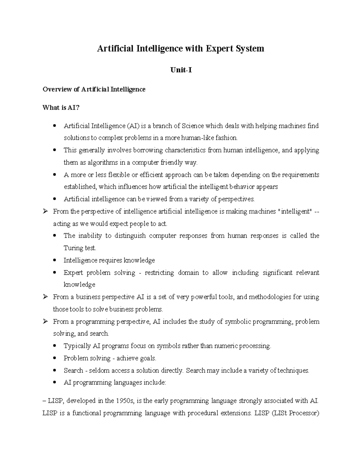 AI-UNIT I - Overview of Artificial Intelligence Concepts and Applications - Studocu