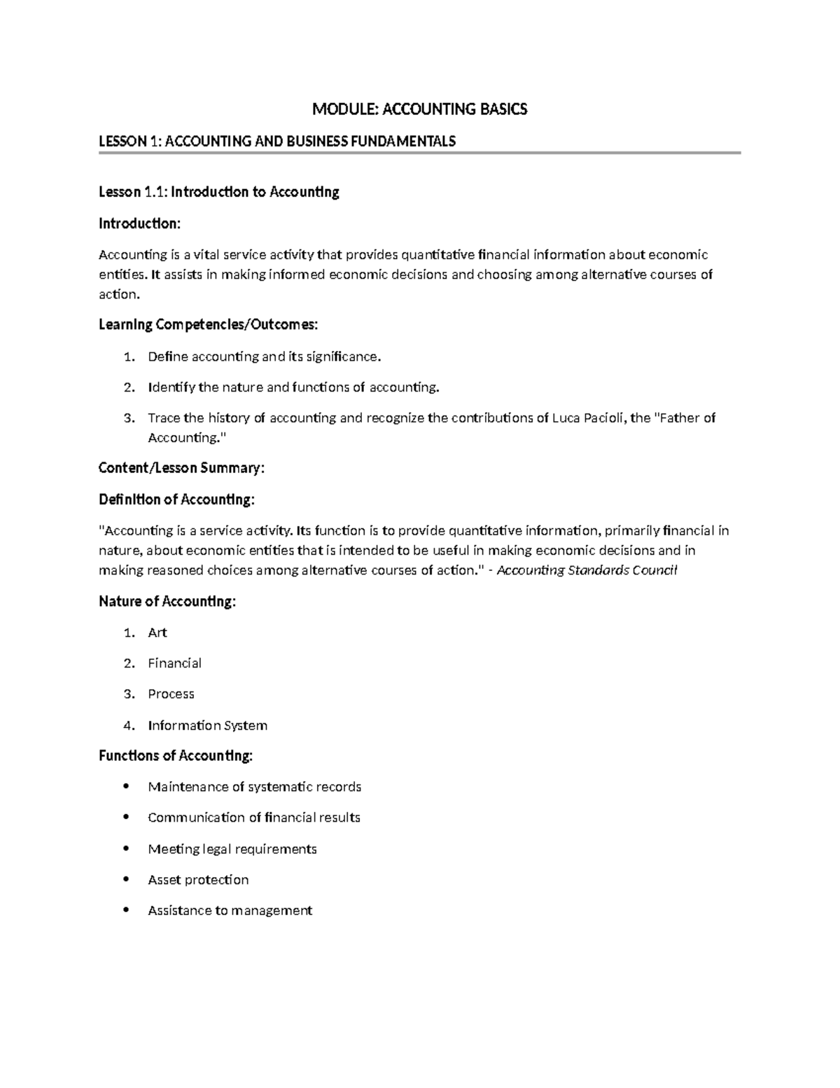 Module-ALL - Summary Accounting - MODULE: ACCOUNTING BASICS LESSON 1 ...