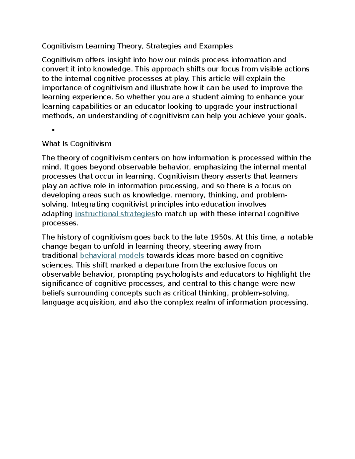 Cognitivism Learning Theory: Strategies & Applications for Educators ...