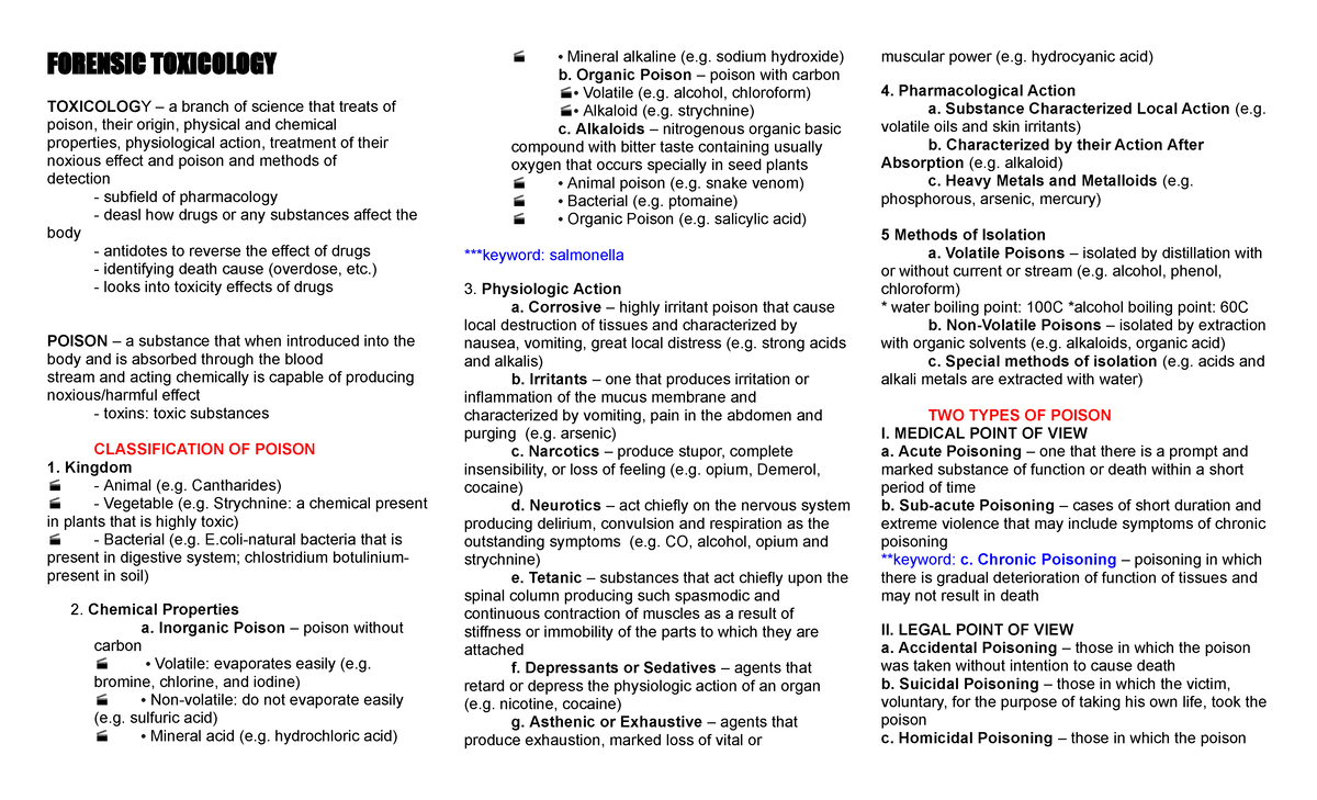 Forensic Toxicology Overview: Key Concepts and Classification - Studocu