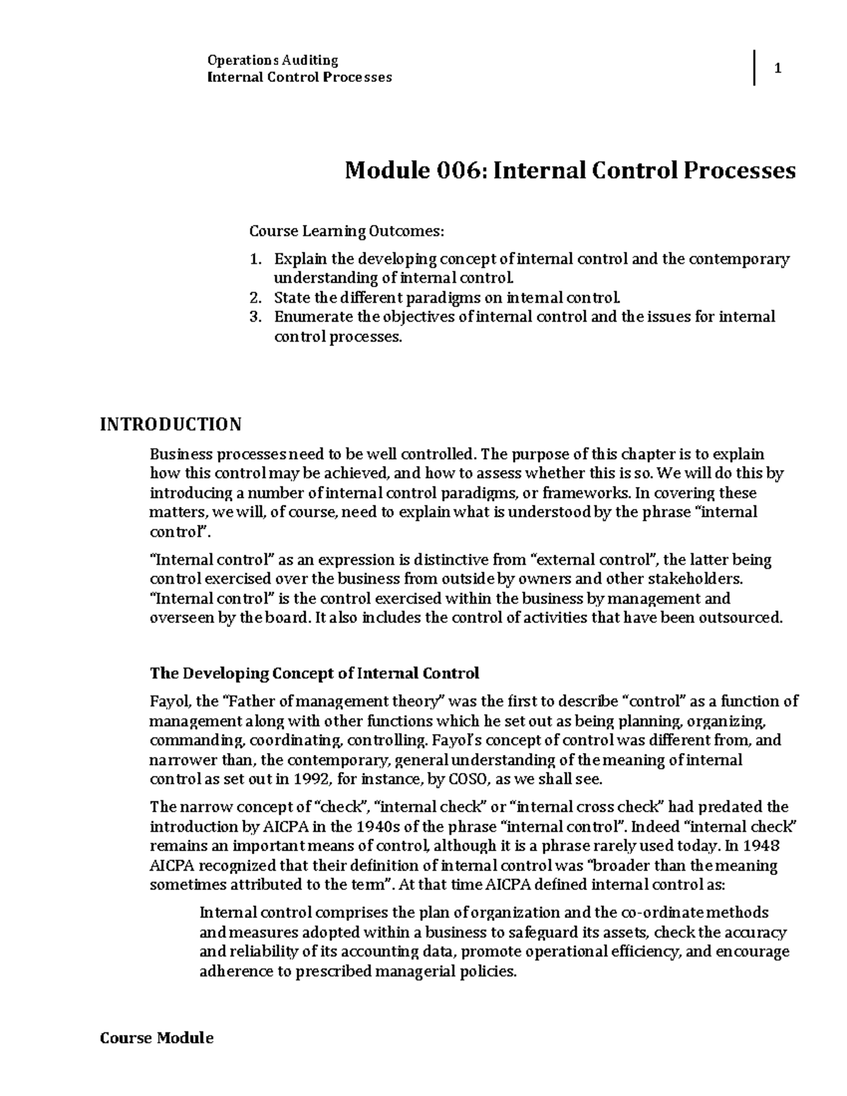 Module 006 Internal Control Processes - Operations Auditing Internal ...