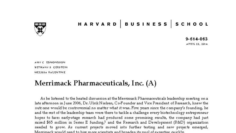 Merrimack Pharmaceuticals, Inc. (A) Case Study Analysis - 03 - Studocu