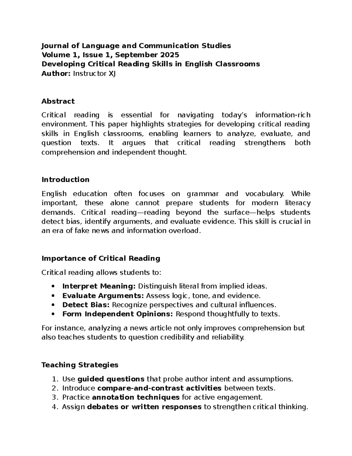 Developing Critical Reading Skills in English Classrooms: Strategies ...