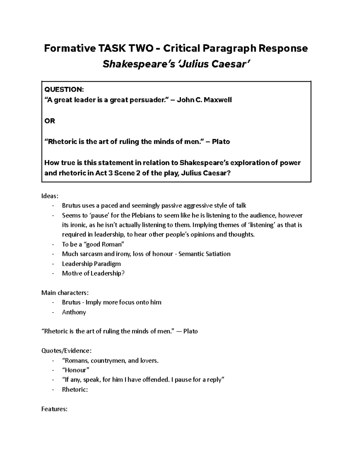 Formative TASK TWO - Critical Paragraph Response - Formative TASK TWO ...