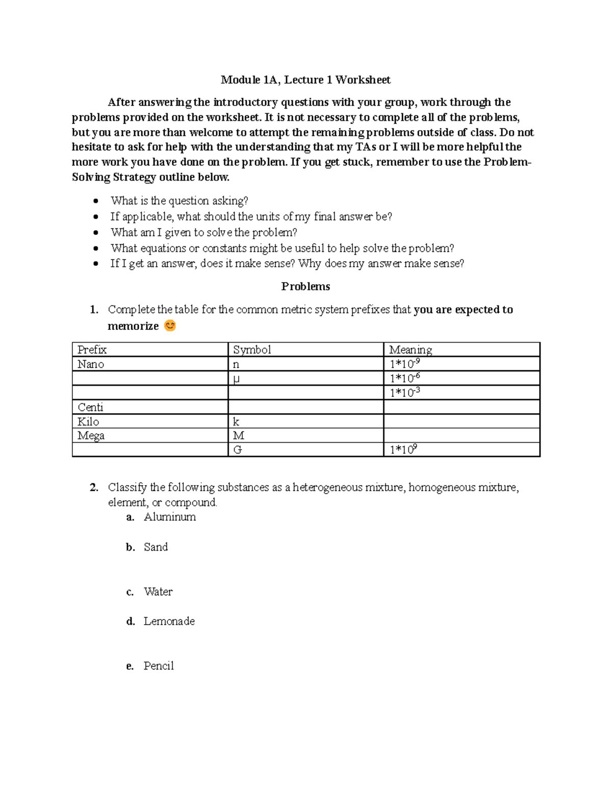 Module 1A, Lecture 1 Worksheet: Problem-Solving & Metric Prefixes - Studocu