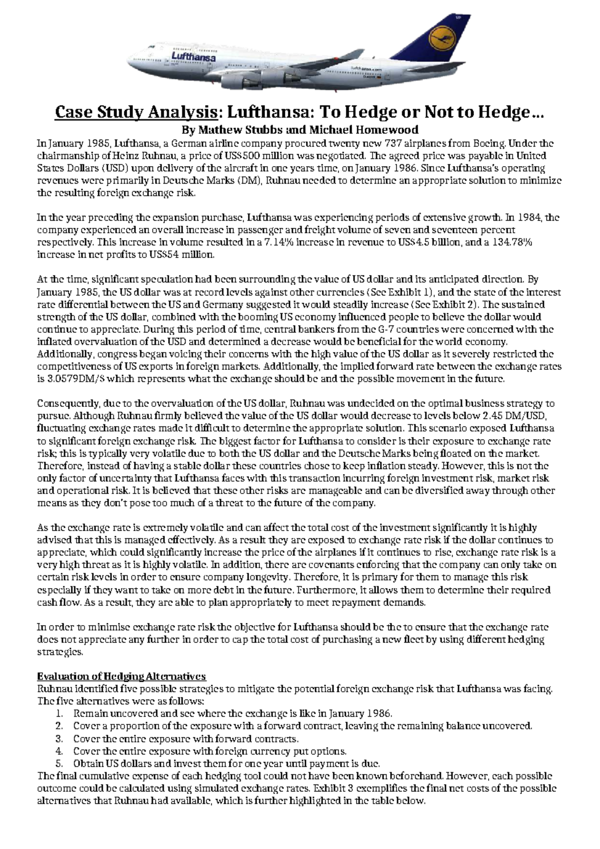Case Study Analysis: Lufthansa's Foreign Exchange Hedging Strategies ...