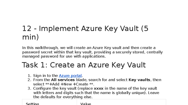 Lab 12: Implementing Azure Key Vault Walkthrough Guide - Studocu