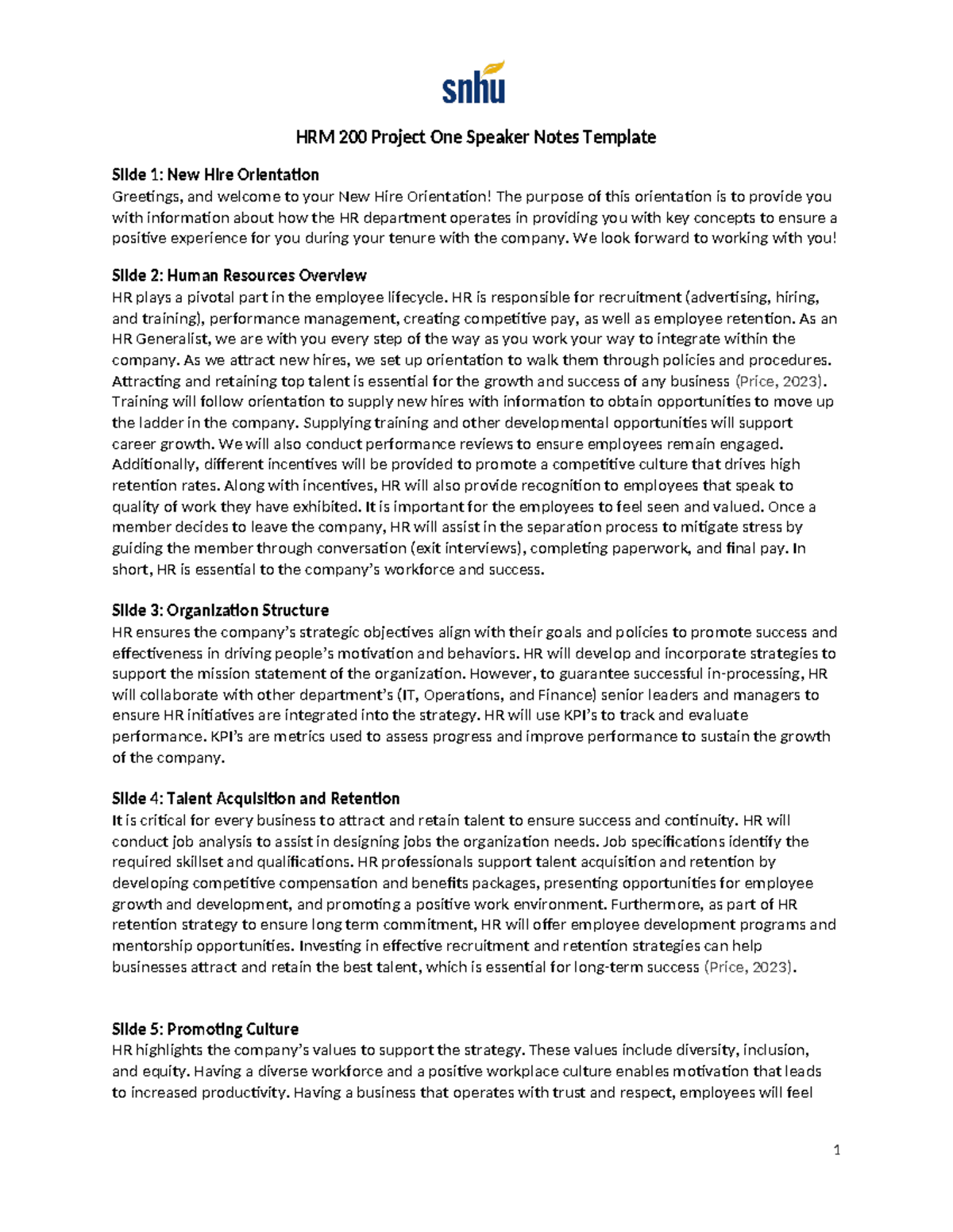 HRM 200 Project One Speaker Notes: New Hire Orientation & HR Overview ...