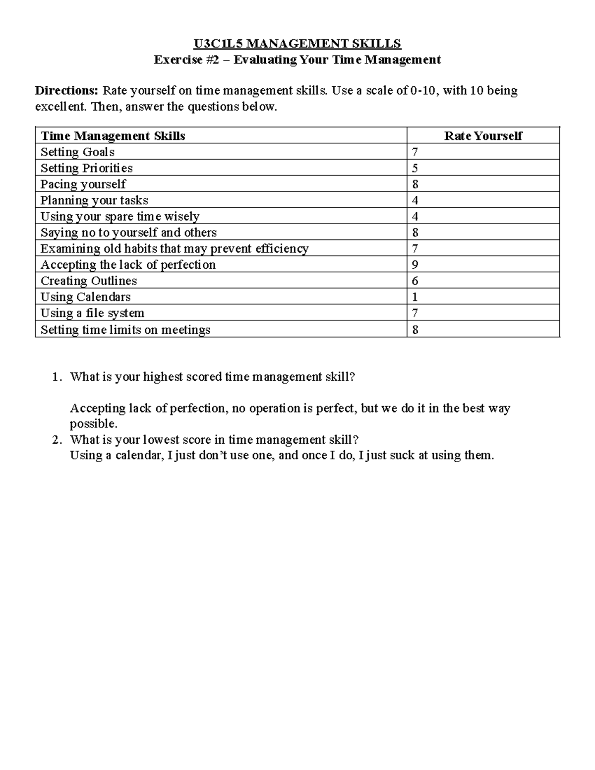 U3C1L5 MANAGEMENT SKILLS: Self-Evaluation of Time Management Skills ...