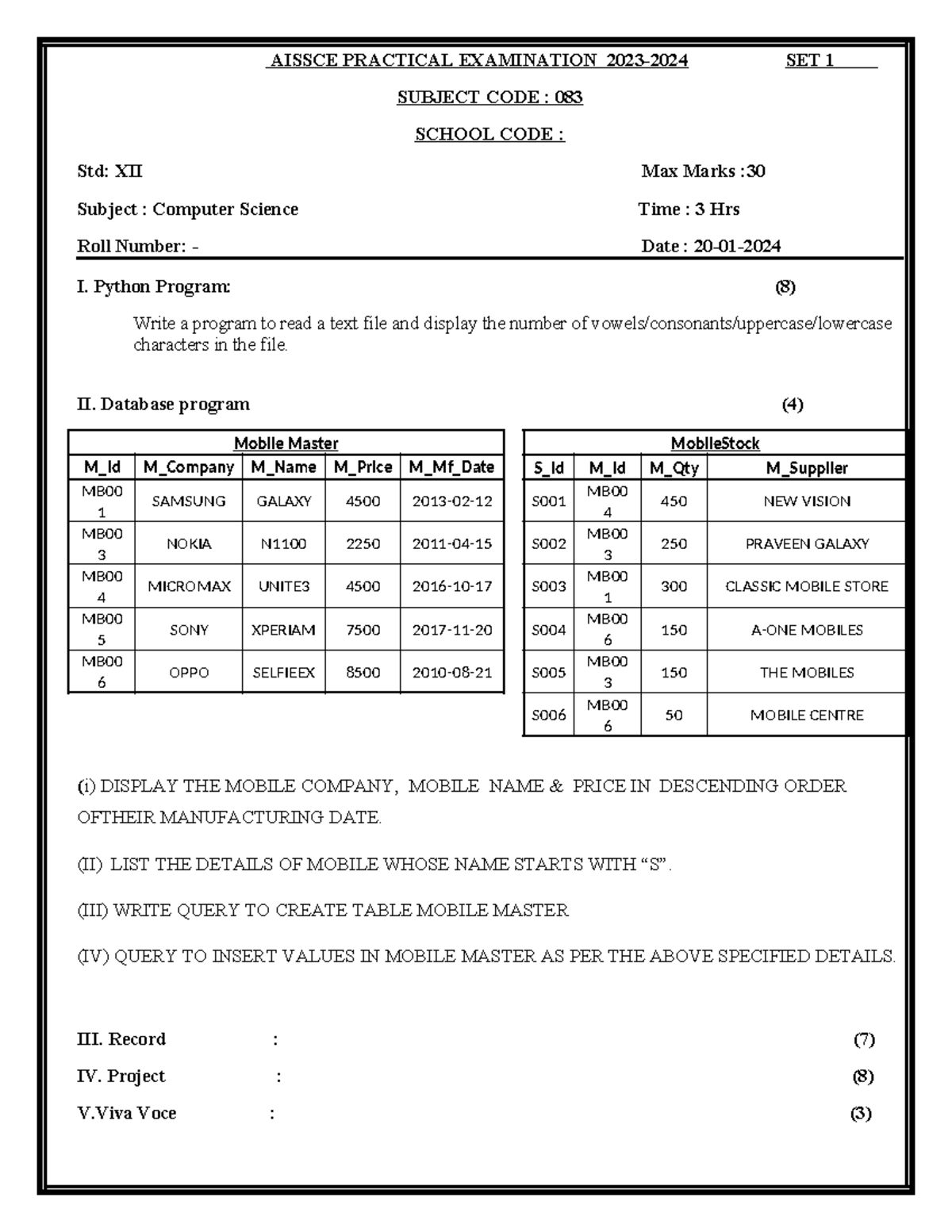 AISSCE Practical Examination 2023-2024 Computer Science Set 1-5 - Studocu