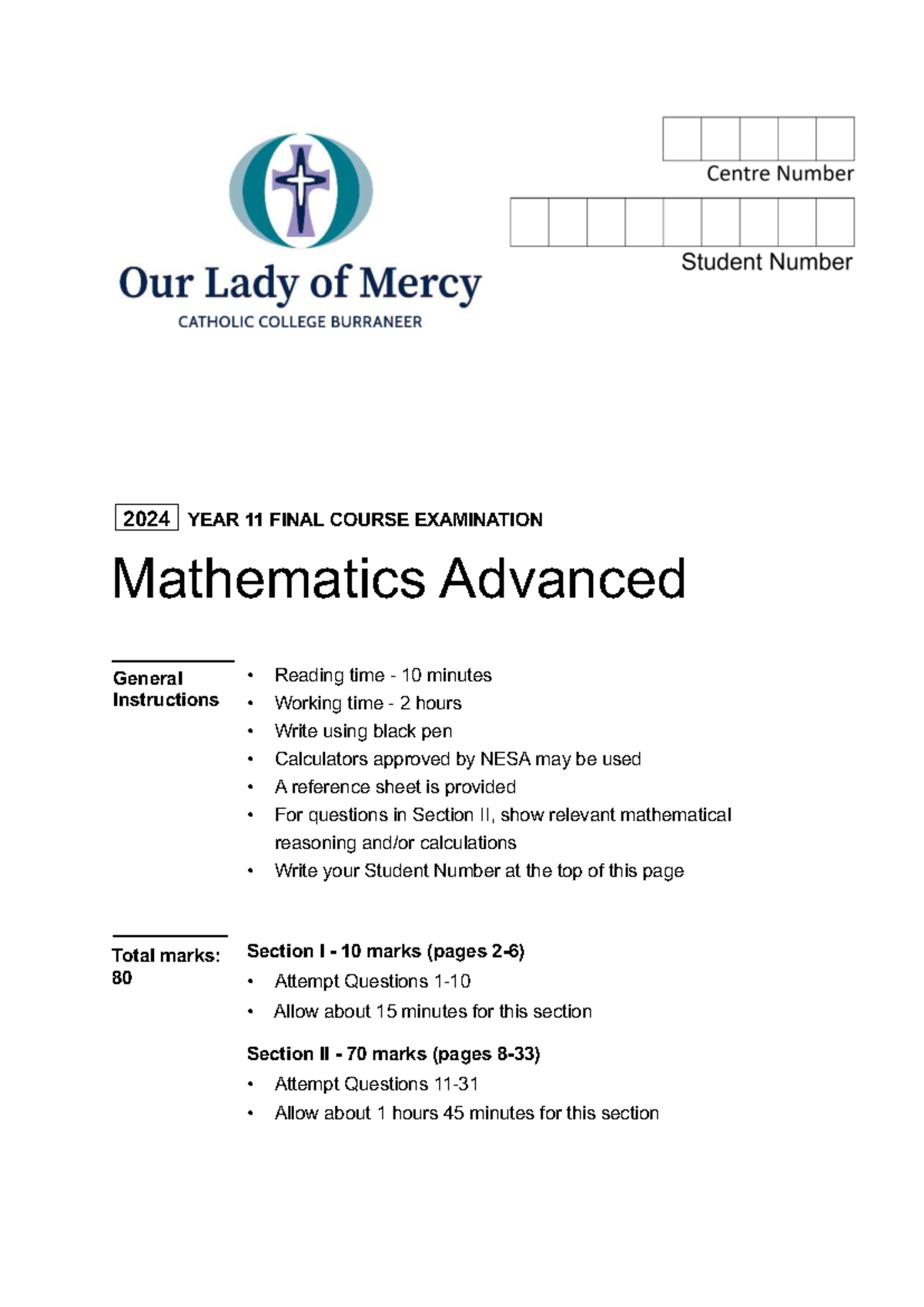 2024 YEAR 11 ADVANCED MATHEMATICS FINAL EXAM SOLUTIONS - Studocu