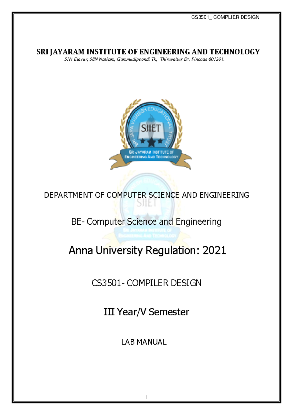 CS3501 Lab Manual: Compiler Design with LEX and YACC Implementation - Studocu
