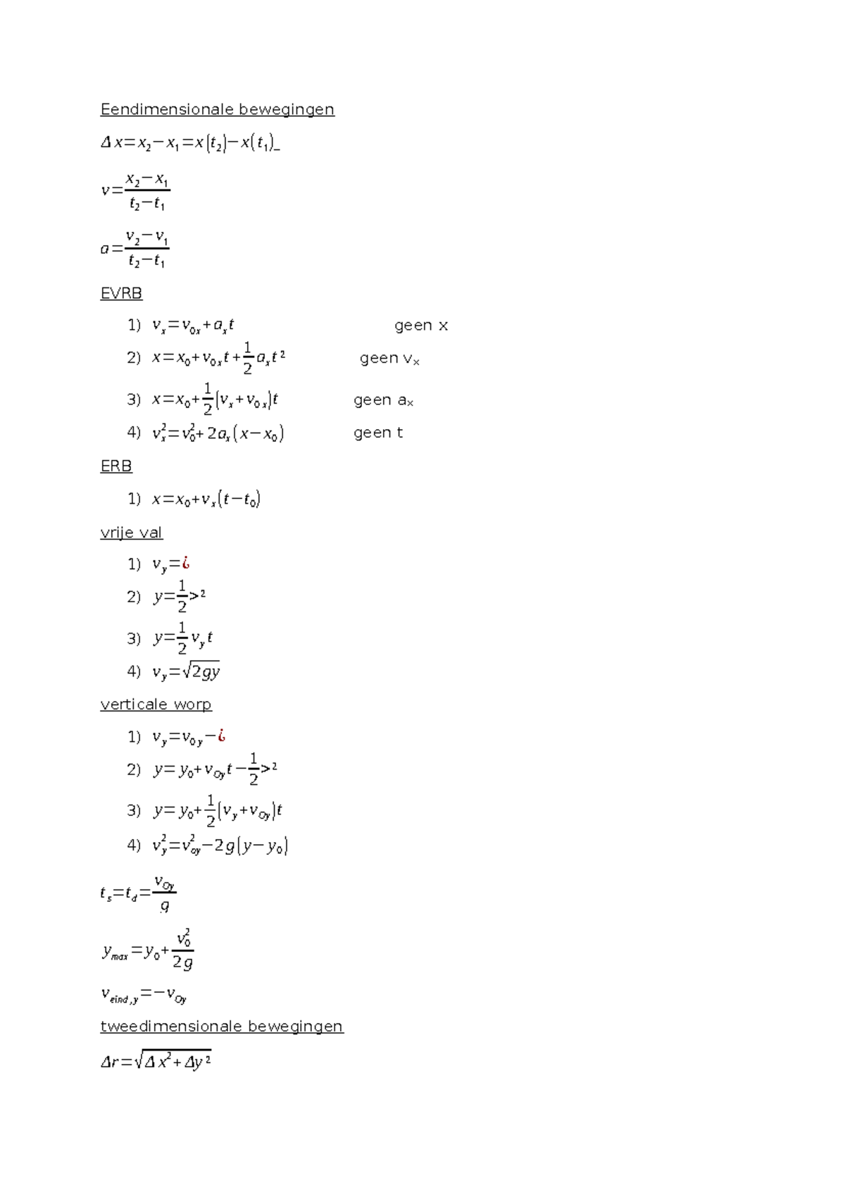 Eendimensionale en tweedimensionale bewegingen - Formules EVRB & ERB ...