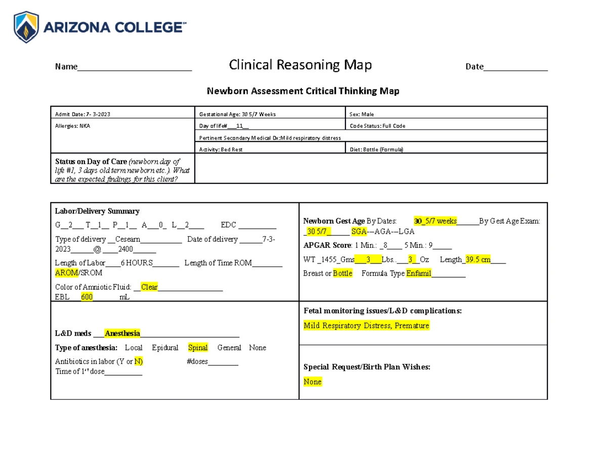 Critical Thinking & Clinical Reasoning Map for Pediatric 2 Care - Studocu