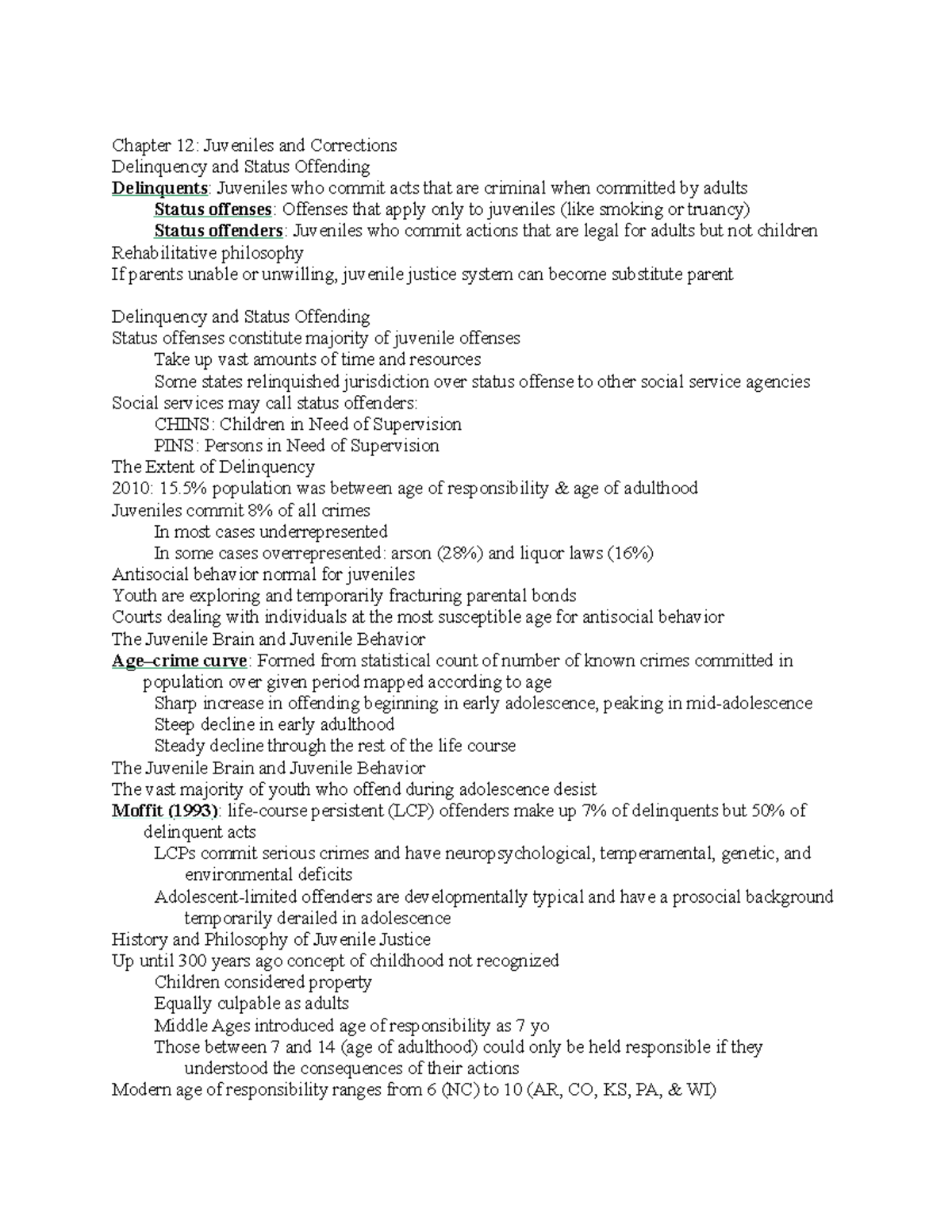 Chapter 12 notes - Chapter 12: Juveniles and Corrections Delinquency ...