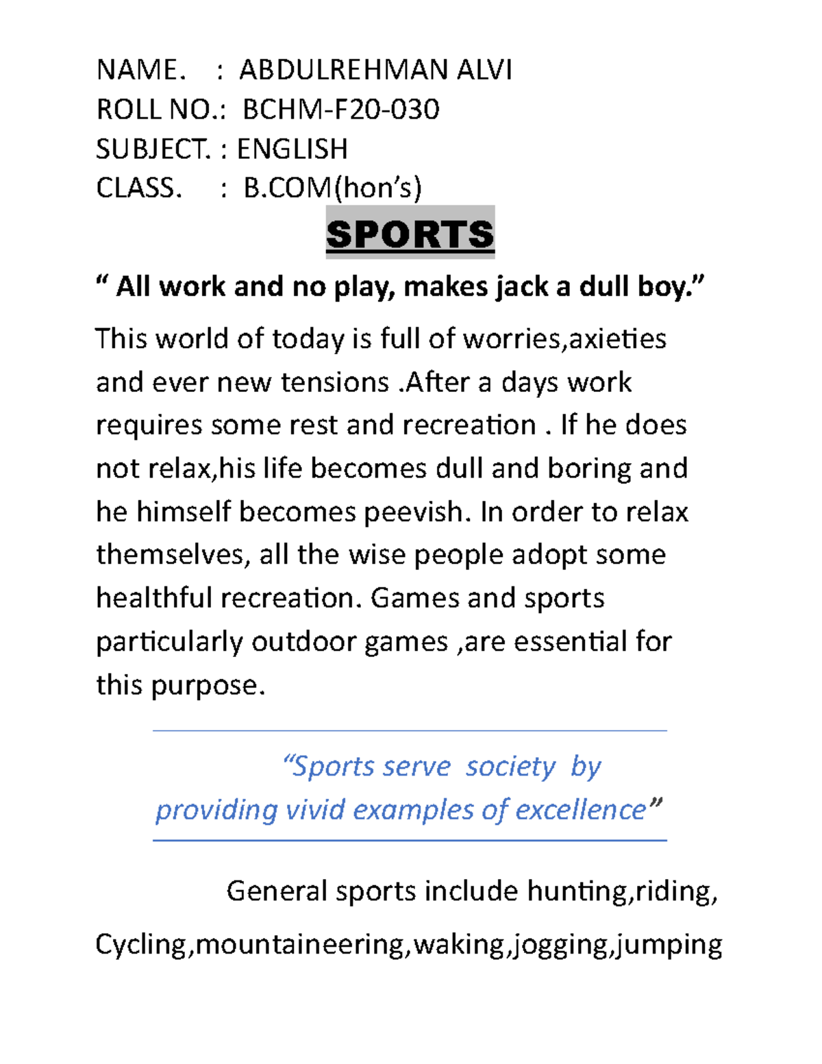 BCHM-F20-030: Importance of Sports in B.Com(Hon'S) Studies - Studocu