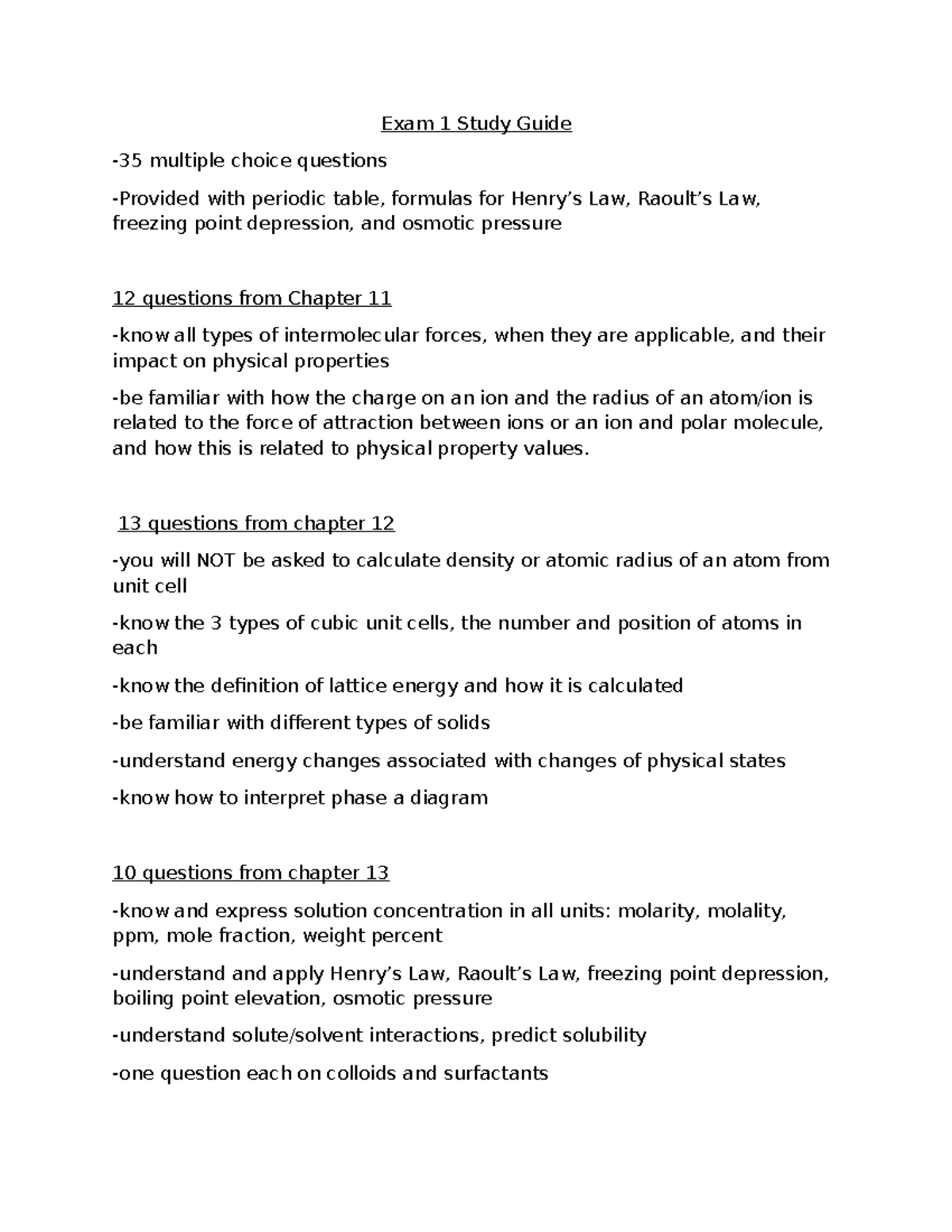 Chem 101: Exam 1 Study Guide on Intermolecular Forces & Solutions - Studocu