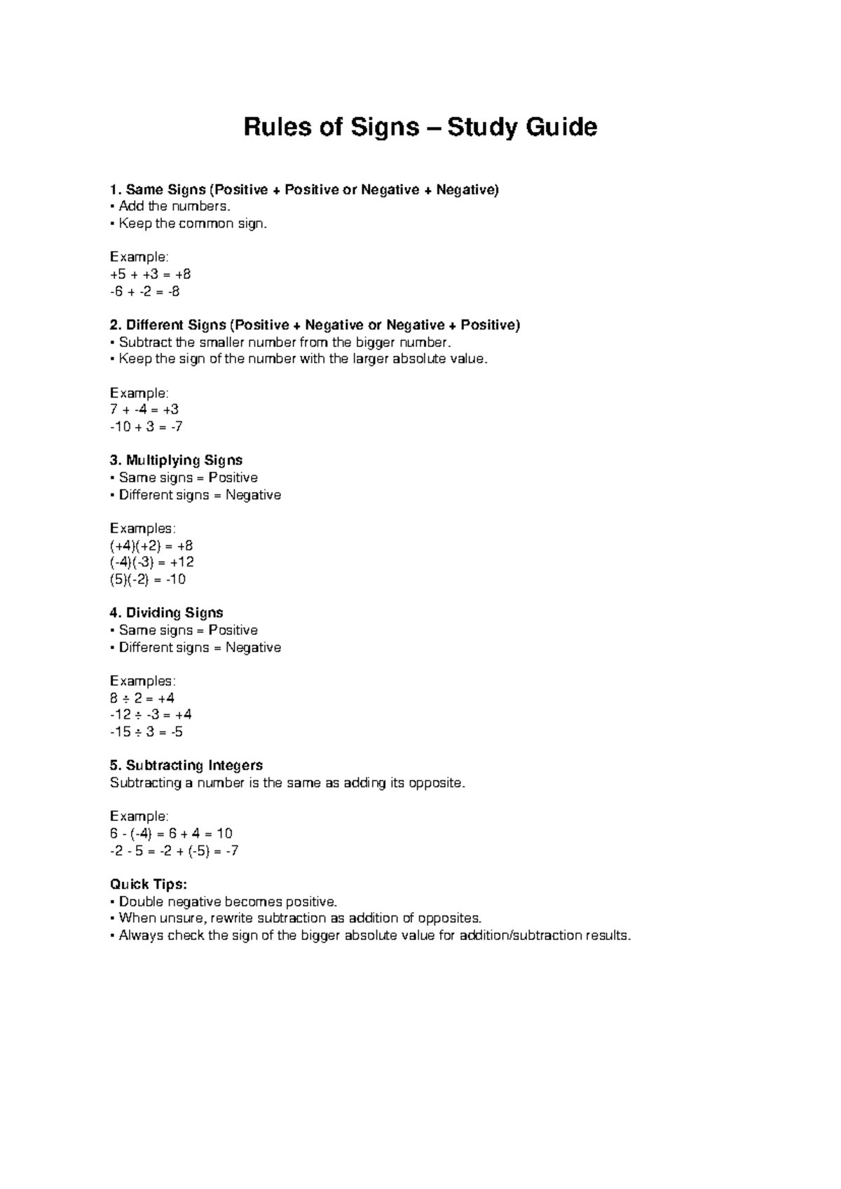 Rules of Signs Study Guide: Adding, Subtracting, Multiplying, Dividing ...