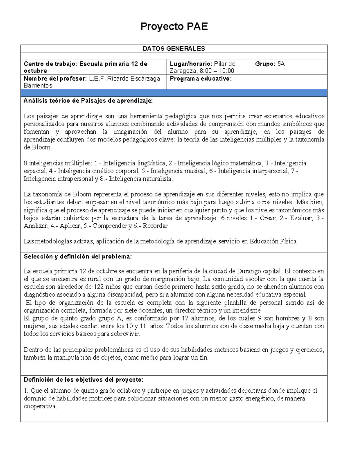 Formato PAE Paisajes - Proyecto PAE DATOS GENERALES Centro de trabajo ...