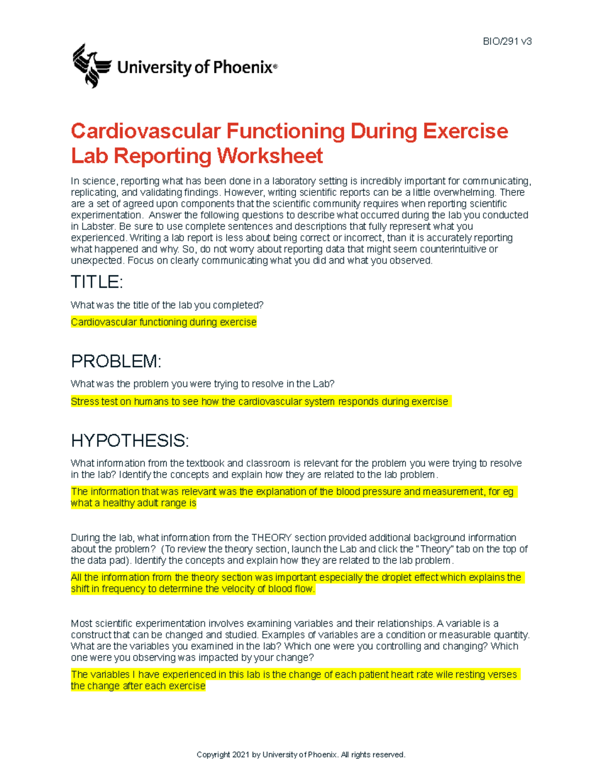 Cardiovascular labreport - BIO/291 v Cardiovascular Functioning During Exercise Lab Reporting ...